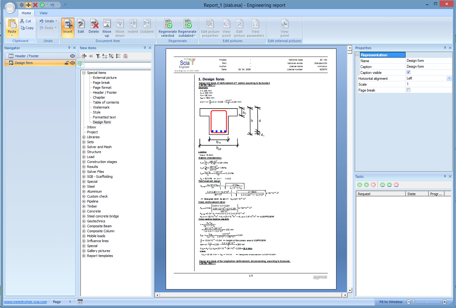 SCIA Design Forms sheets in Engineering Report
