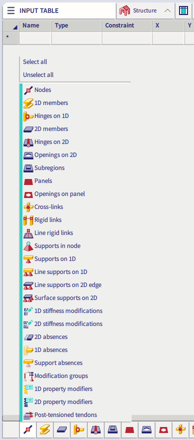 List of available tabs
