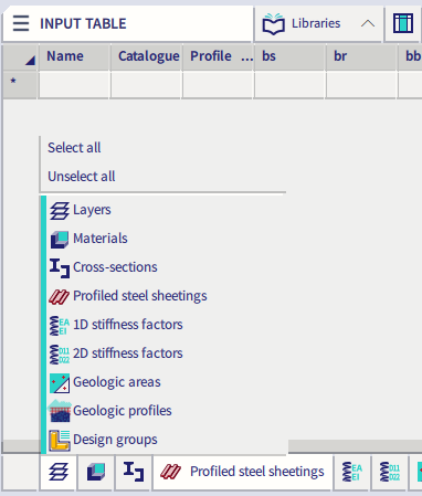 List of available tabs