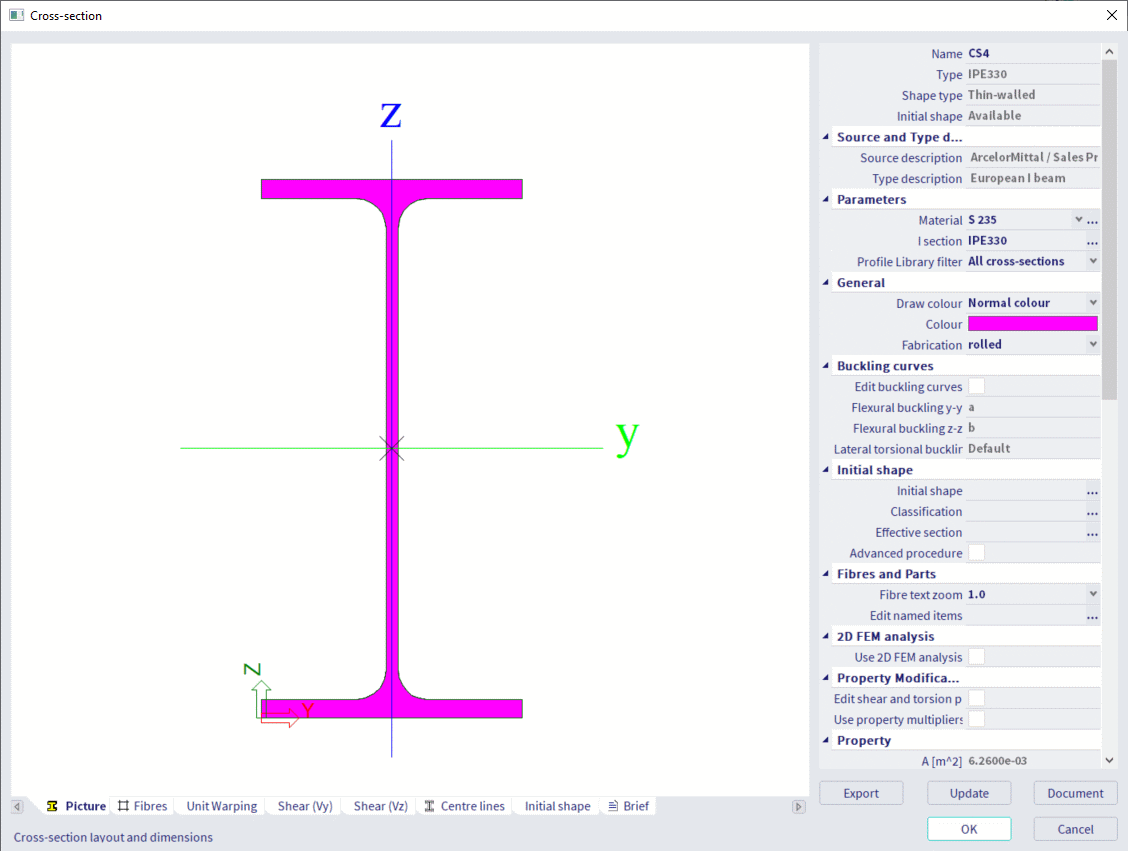 Specifying sectional parameters and properties