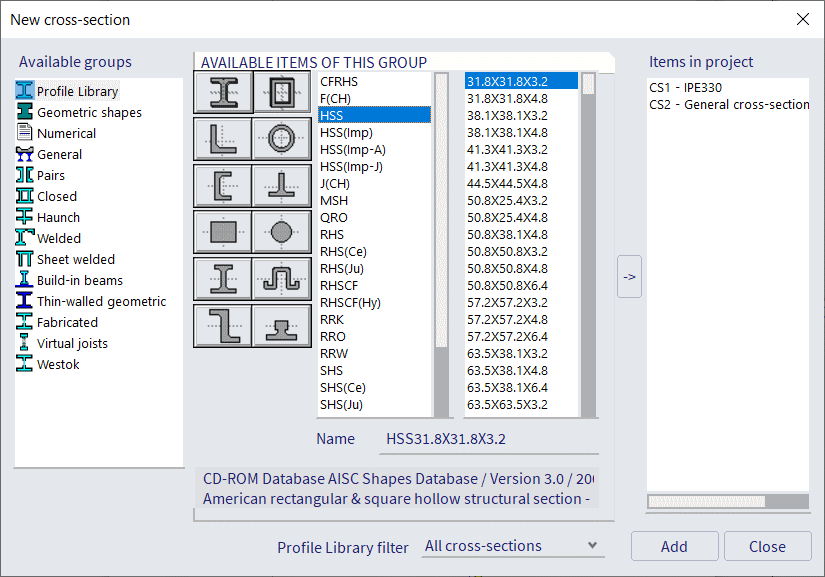 Profile Library cross-sections